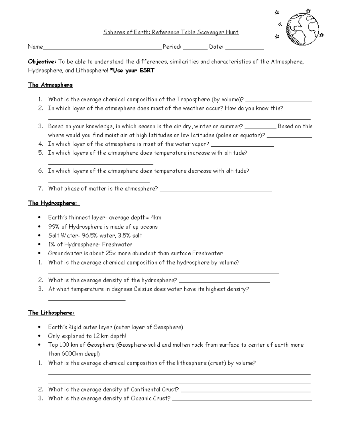 Unit 1 Spheres of Earth Ref Table Scavenger Hunt - Spheres of Earth ...