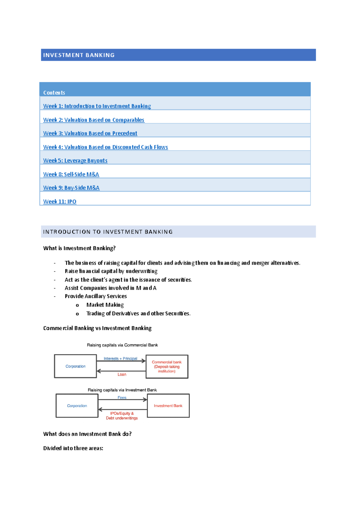 Investment Banking Notes - INVESTMENT BANKING Contents Week 1 ...