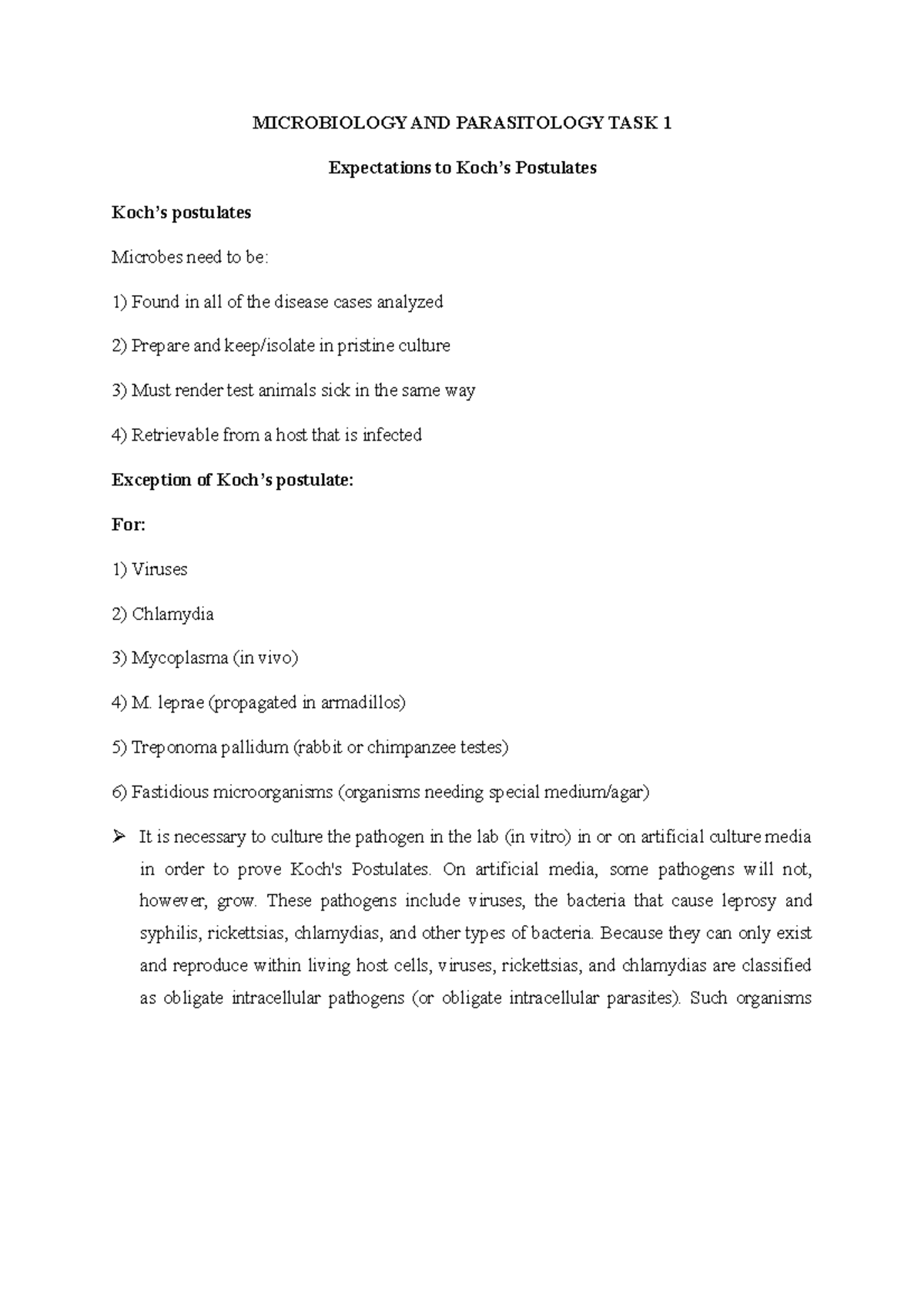 KOCH'S Postulates - bcjfhwiefj;we - MICROBIOLOGY AND PARASITOLOGY TASK ...