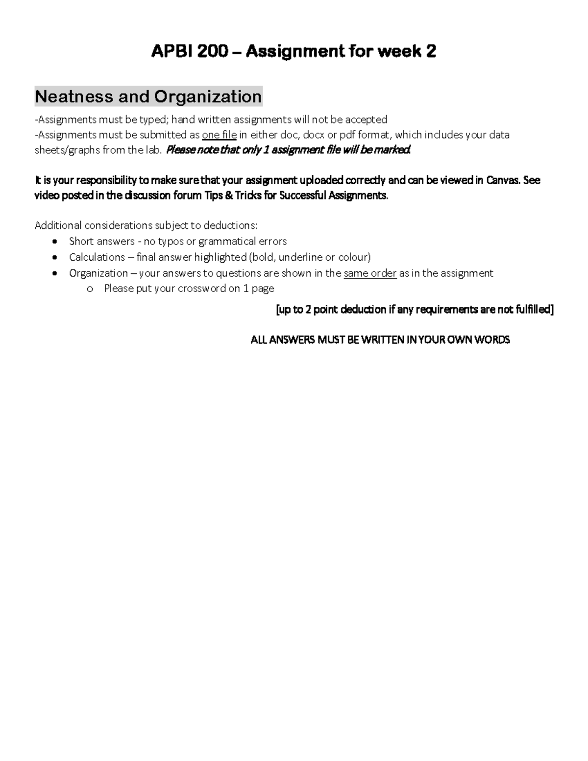 Assignment Week2 - APBI 200 – Assignment for week 2 Neatness and ...