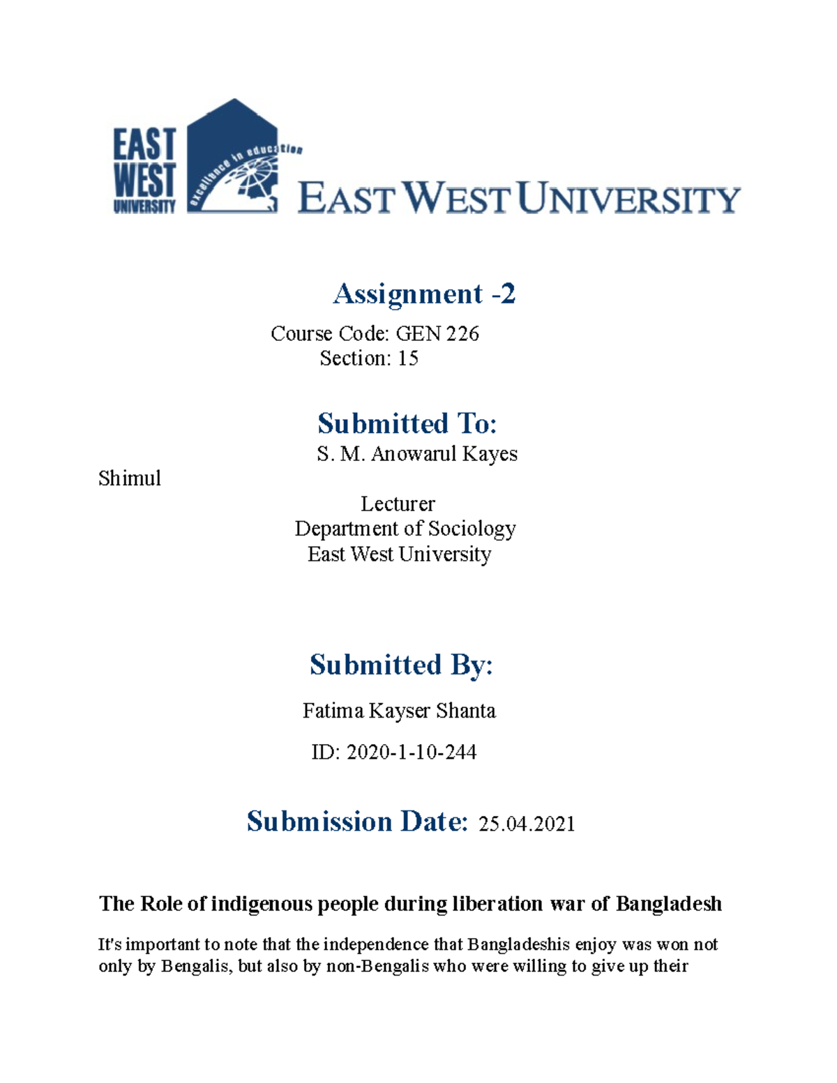 Assignment -2 GEN 226 Emergence of Bangladesh - Assignment - Course Code: GEN 226 Section: 15 ...
