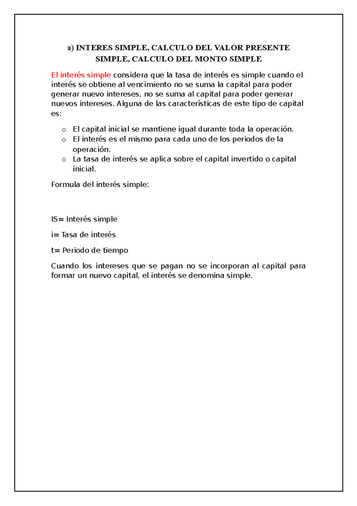 Interes Simple Semana 2 - a) INTERES SIMPLE, CALCULO DEL VALOR PRESENTE ...