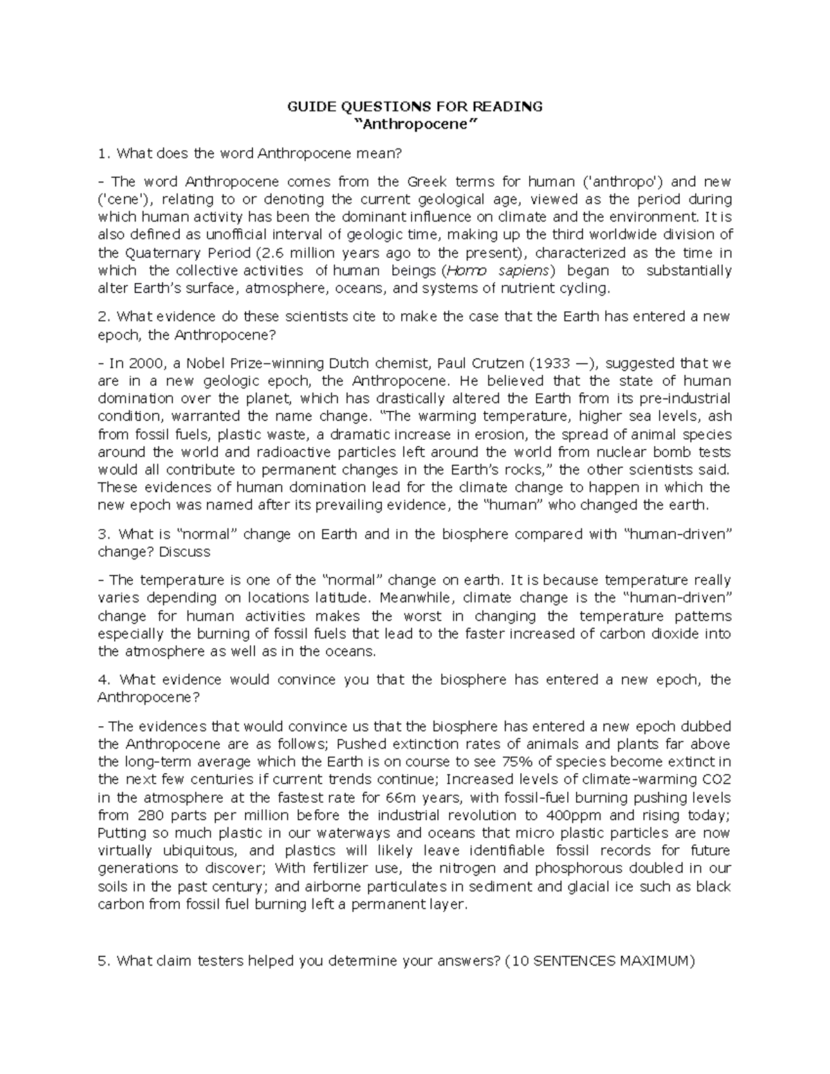 Guide Questions FOR Reading Anthropocene ( Group 6) - GUIDE QUESTIONS ...