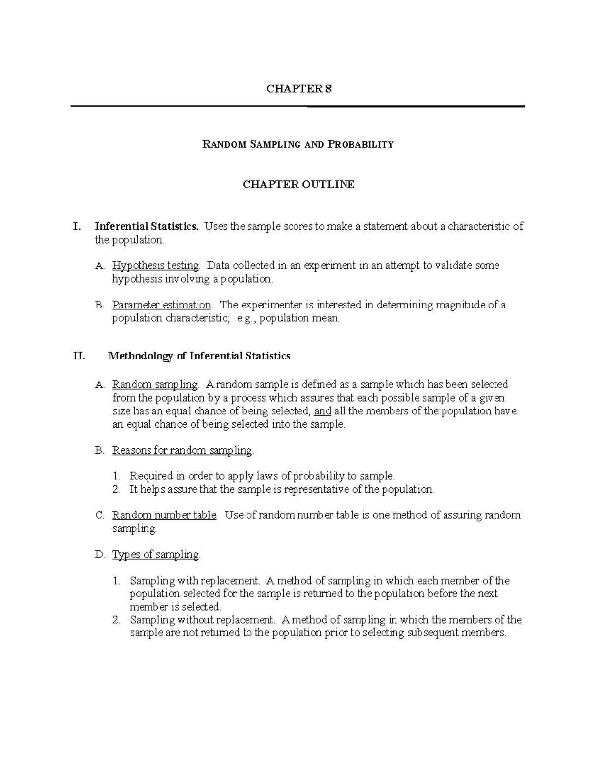 Chapter eight outline - Psych Stats - CHAPTER 8 RANDOM SAMPLING AND PROBABILITY CHAPTER OUTLINE ...
