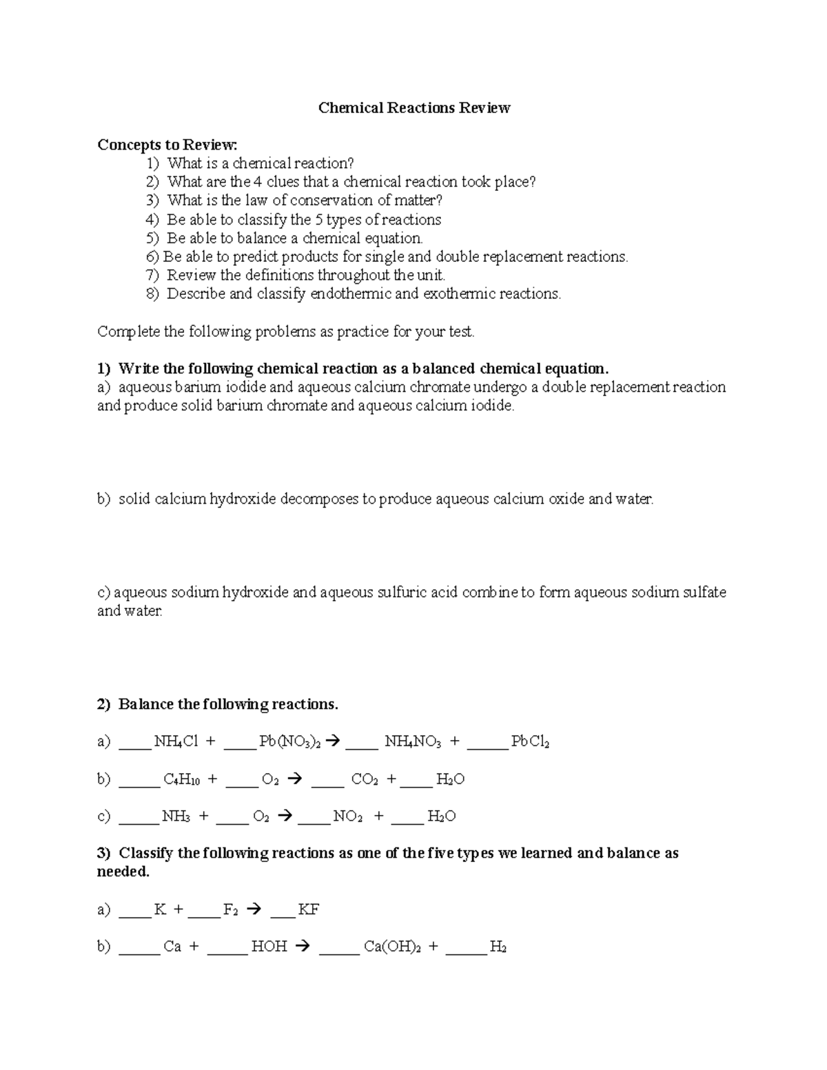 Chemical Reactions Review - Chemical Reactions Review Concepts to ...
