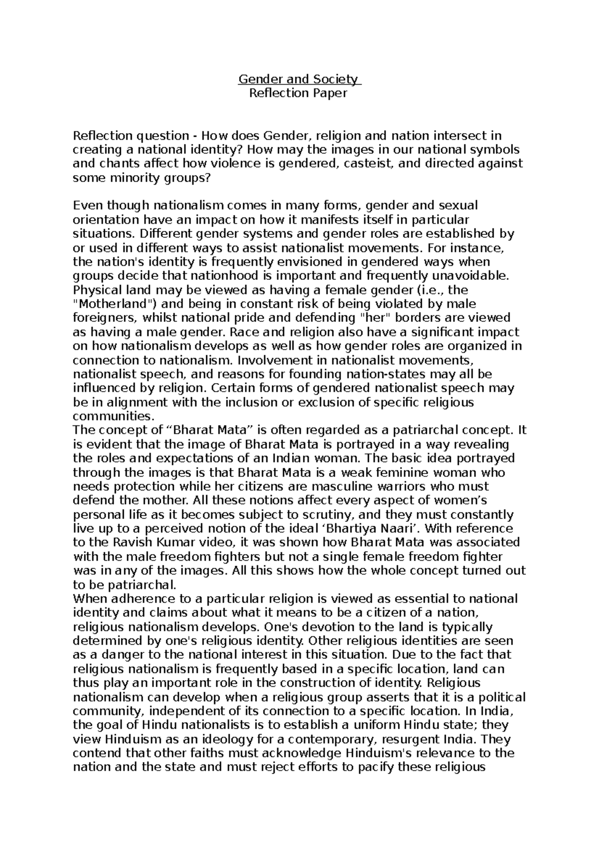 Gender And Society Reflection Gender And Society Reflection Paper