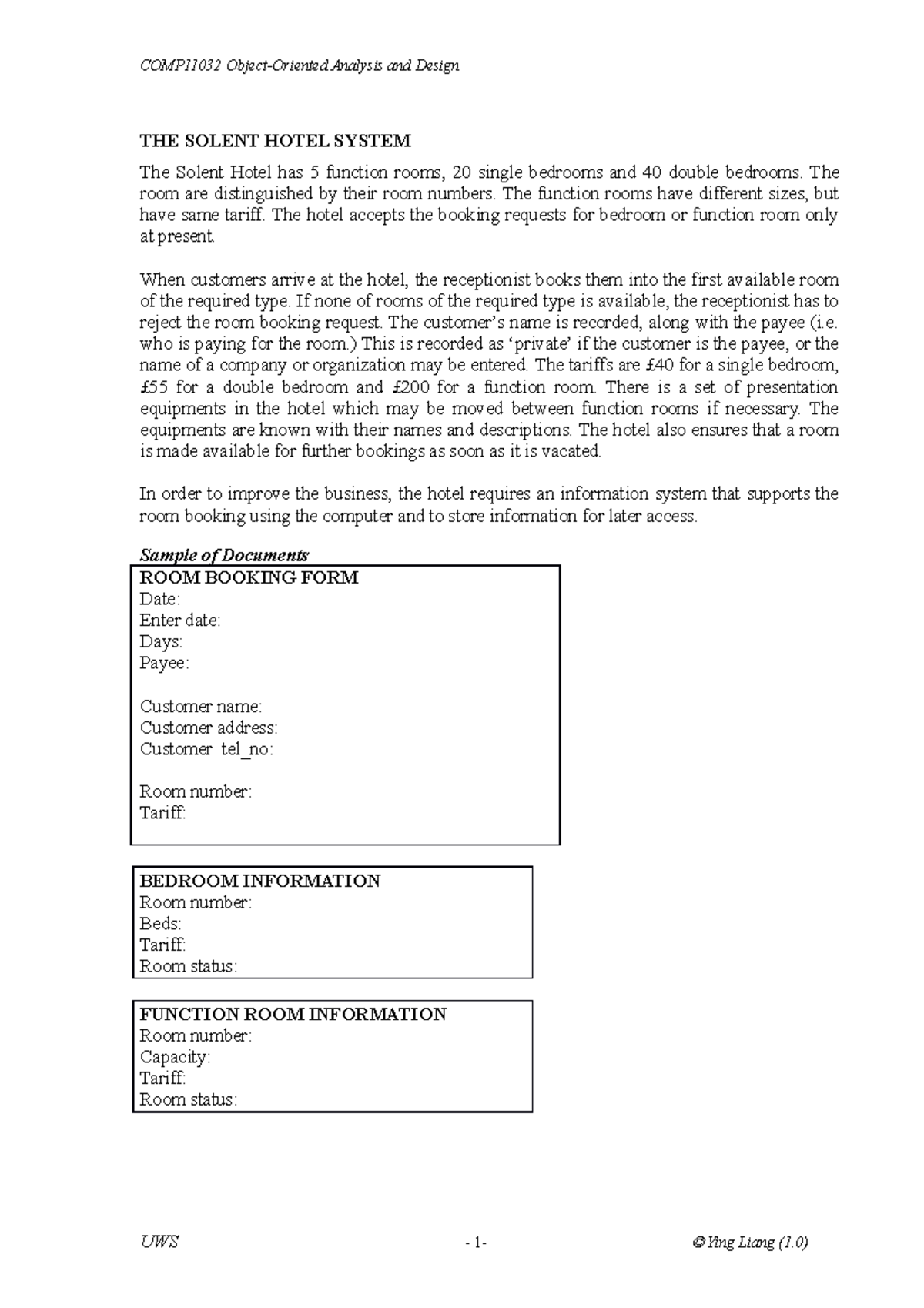 THE Solent Hotel System - COMP11032 Object-Oriented Analysis and Design ...