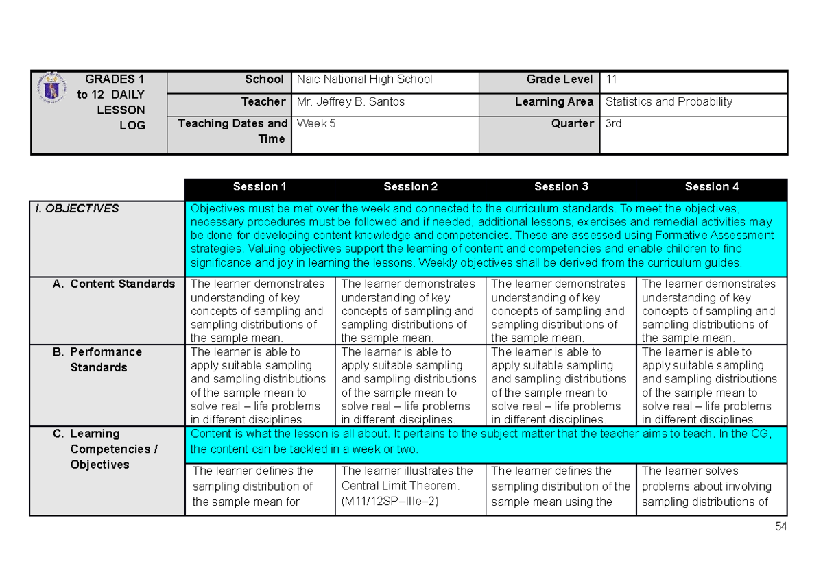 Lesson Plan in Statistics WEEK 5 - GRADES 1 to 12 DAILY LESSON LOG ...