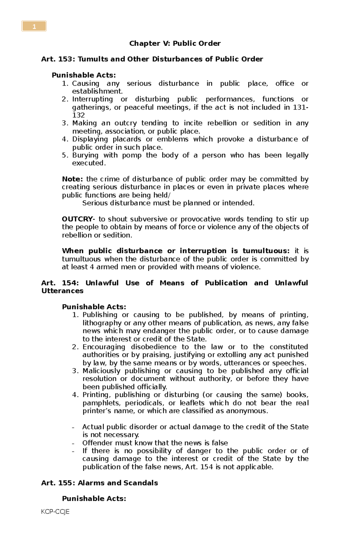 Book 2 - Summary of Title 4 - Chapter V: Public Order Art. 153: Tumults ...