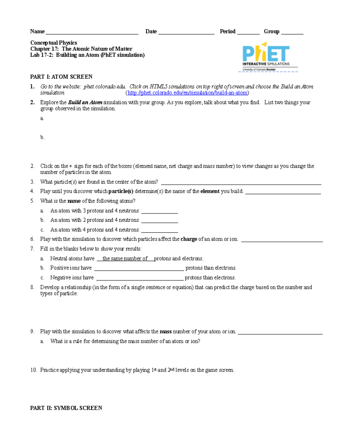 Buildan Atom Sim Wk Sheet - Name _________________________________ Date