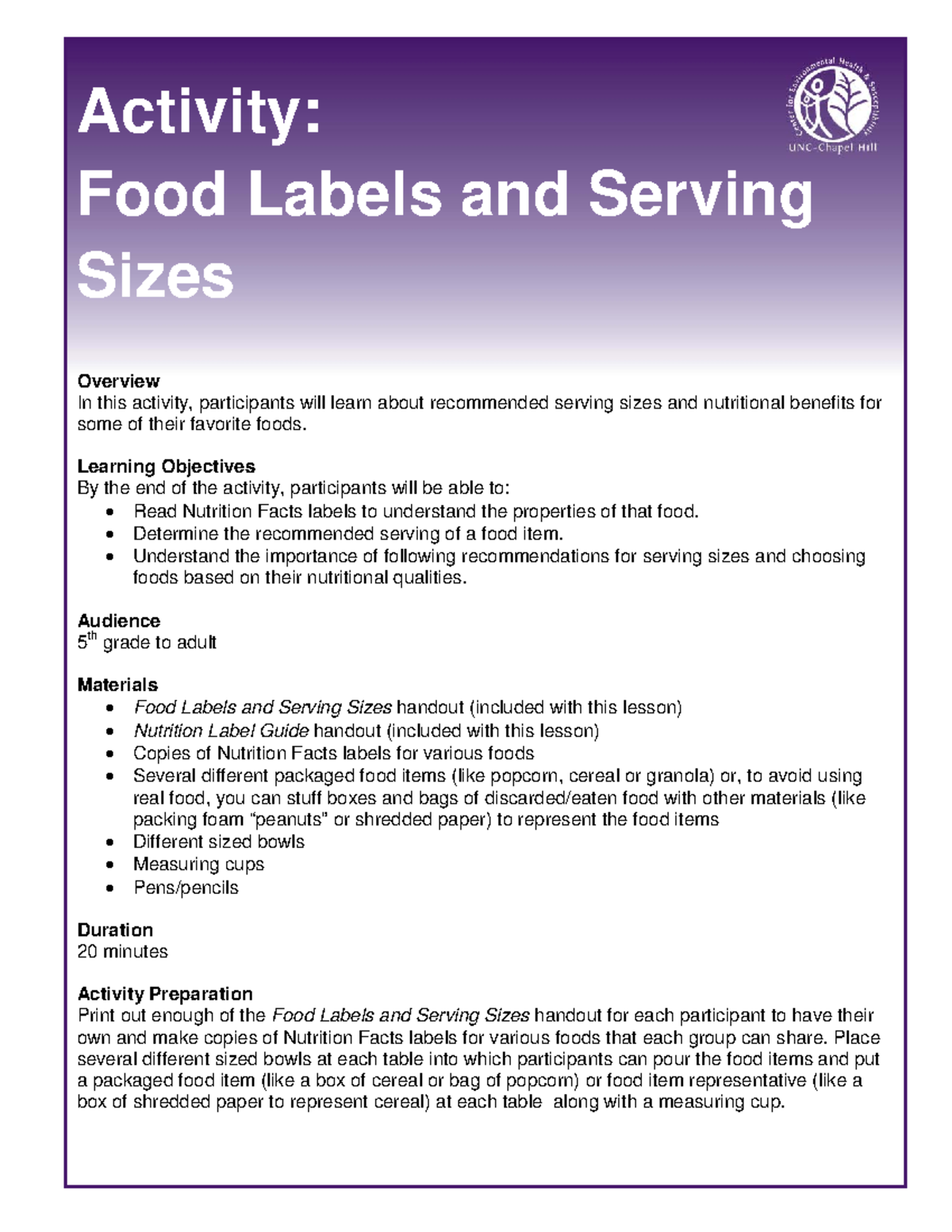 Food Labels and Serving Sizes - Activity: Food Labels and Serving Sizes ...