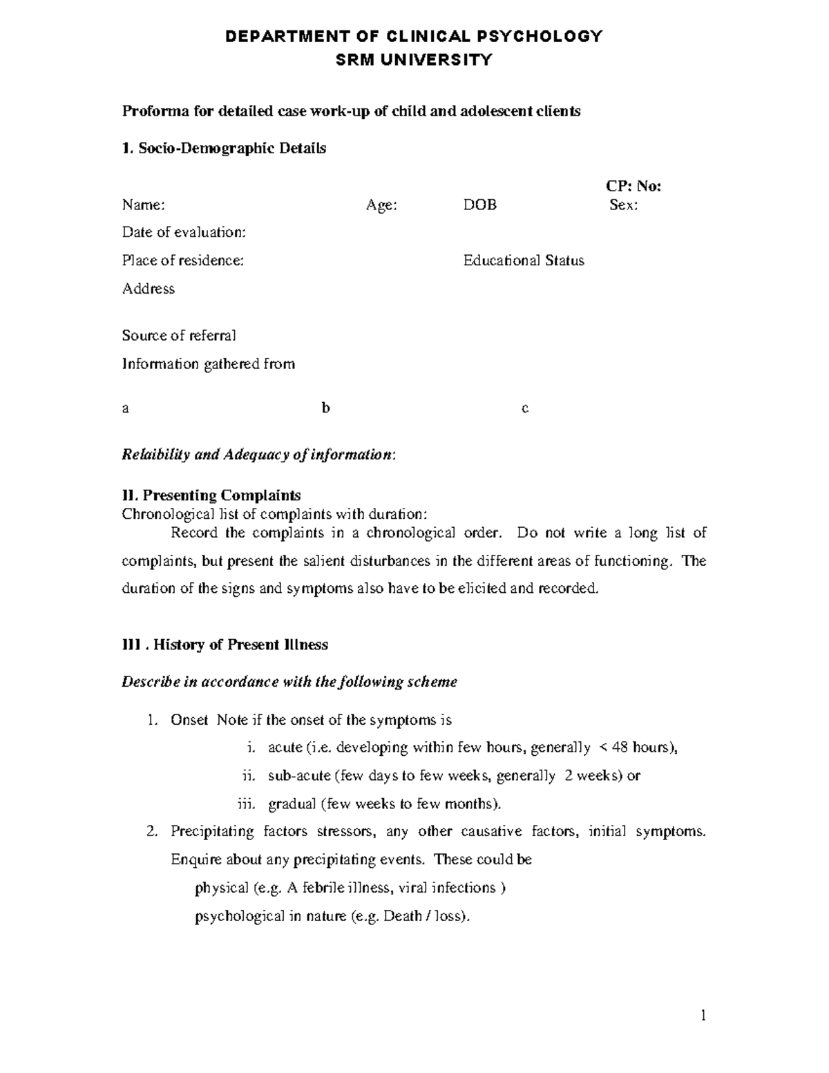 Child and adlosent case history taking - SRM UNIVERSITY Proforma for ...