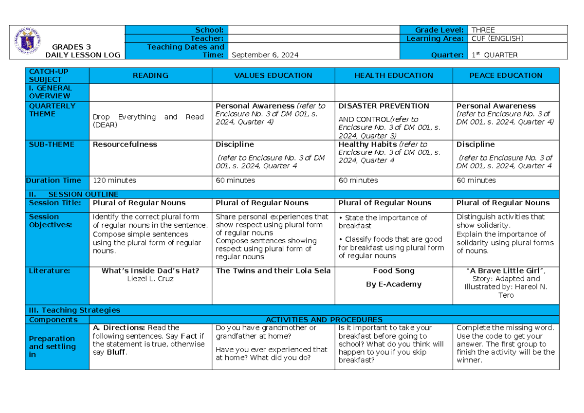 Cuf week 6 - LESSON PLAN - GRADES 3 DAILY LESSON LOG School: Grade ...