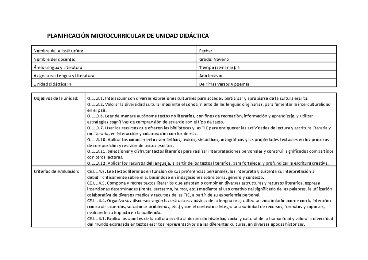 L9 U4 Plan - Plan de unidad Didactica - PLANIFICACIÓN MICROCURRICULAR DE UNIDAD DIDÁCTICA Nombre ...