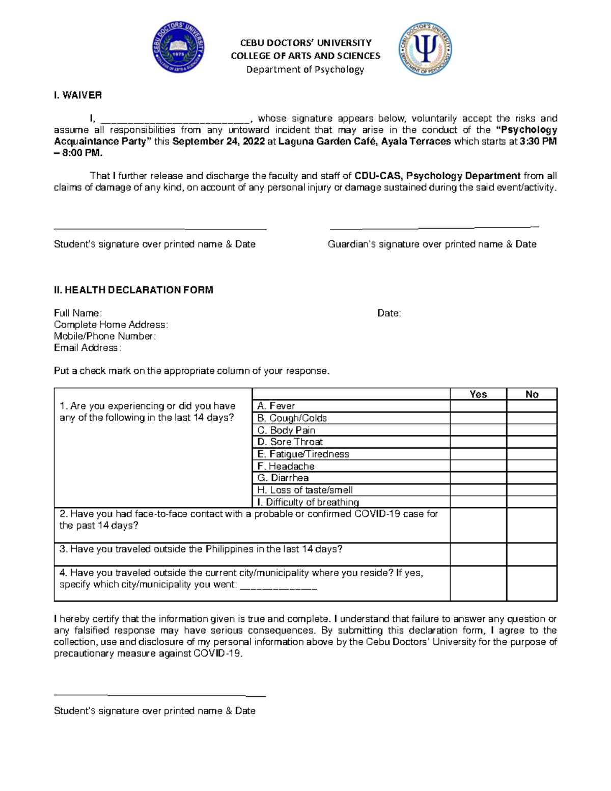 Waiver and Health Declaration Form - CEBU DOCTORS’ UNIVERSITY COLLEGE ...