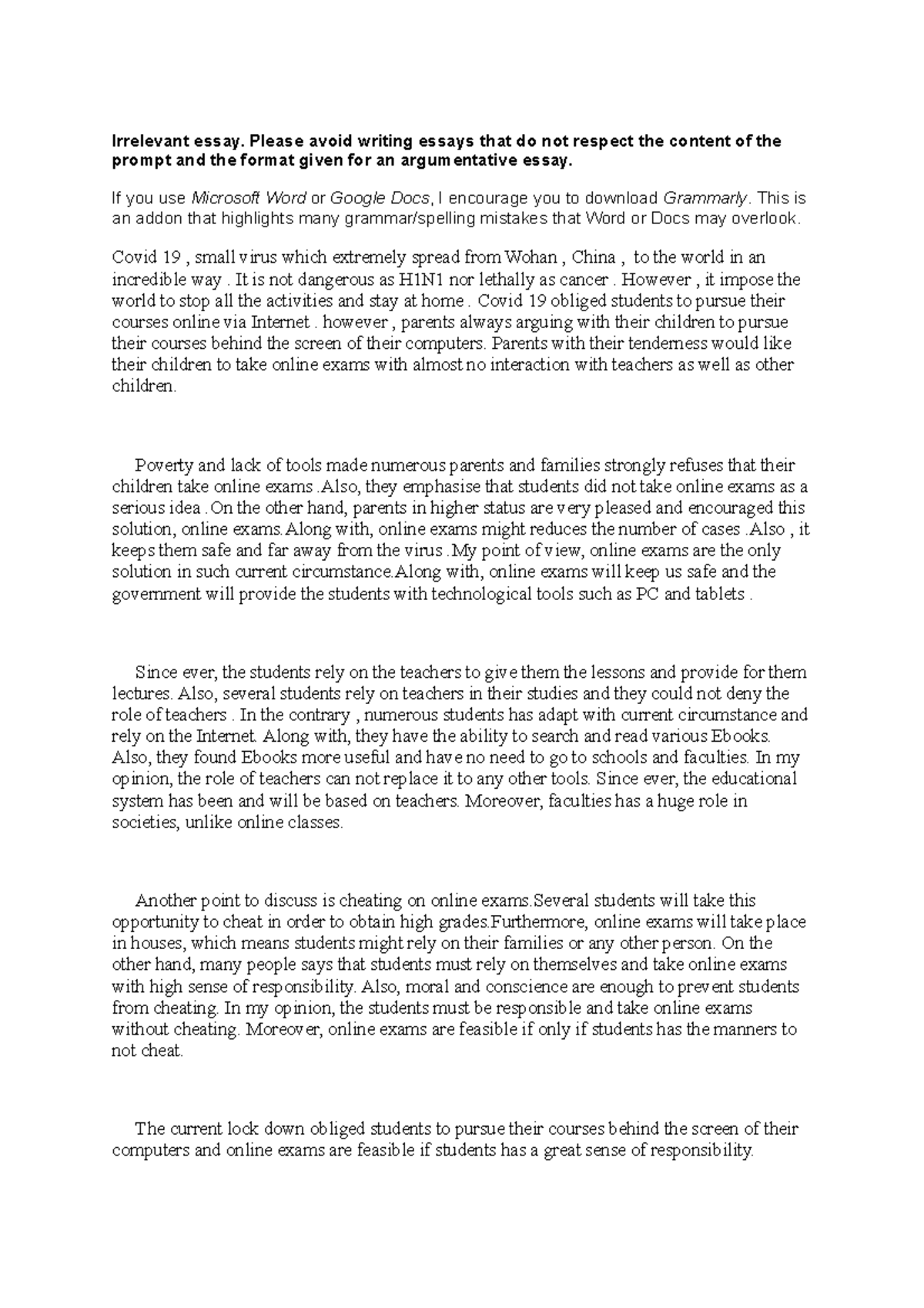 Irrelevant essay - Please avoid writing essays that do not respect the ...