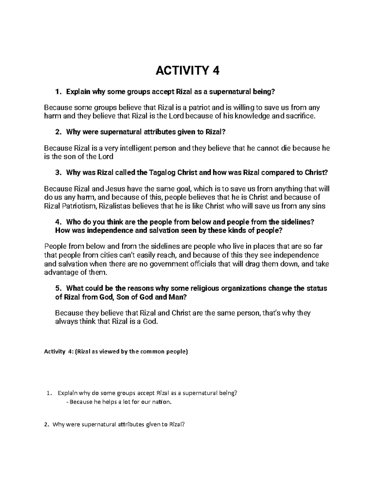 RN4 - Rizal-Chapter-4 - ACTIVITY 4 Explain why some groups accept Rizal as a supernatural being ...