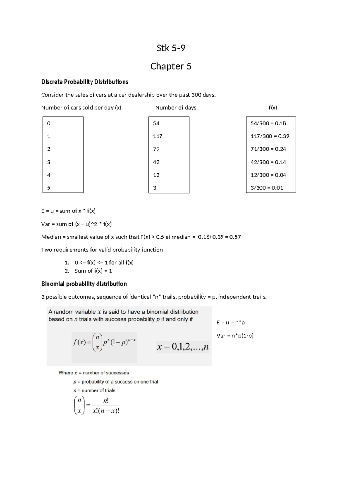 Stk cheat sheet 5-9 - Stk 5- Chapter 5 Discrete Probability ...