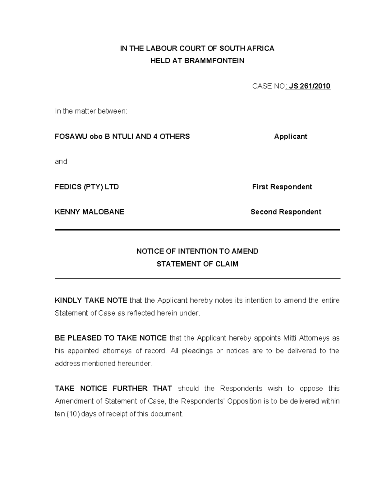 Notice of Intention to Amend Statement of Claim - IN THE LABOUR COURT ...