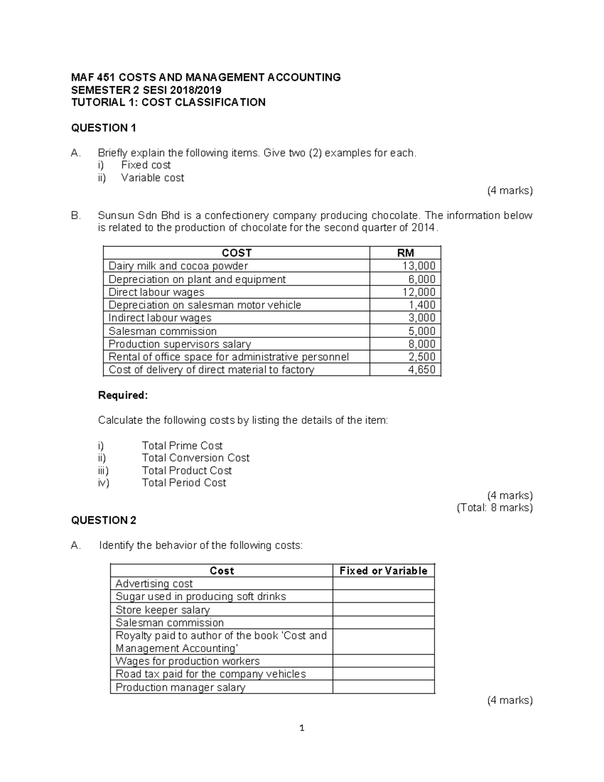 Tutorial 1 Cost Classification - MAF 451 COSTS AND MANAGEMENT ...