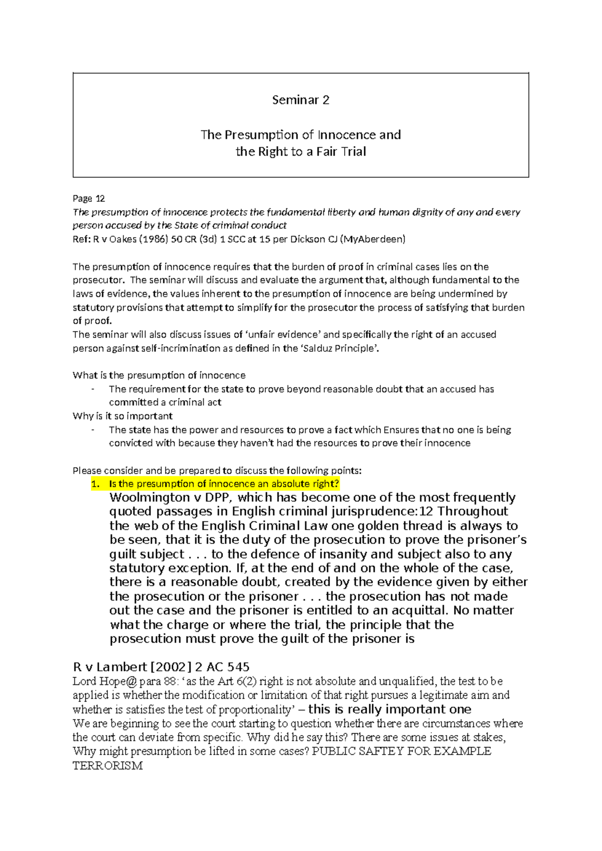 Seminar 2 The Presumption of Innocence and the Right to a Fair Trial ...