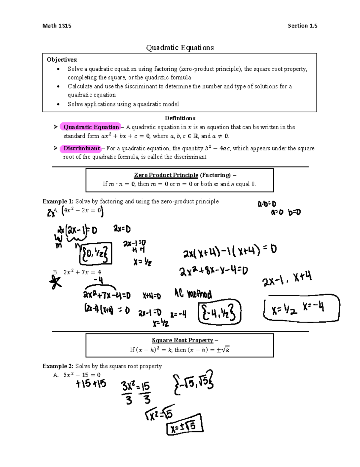 Algebra Notes 1.5 - Math 1315 Section 1. Quadratic Equations ...