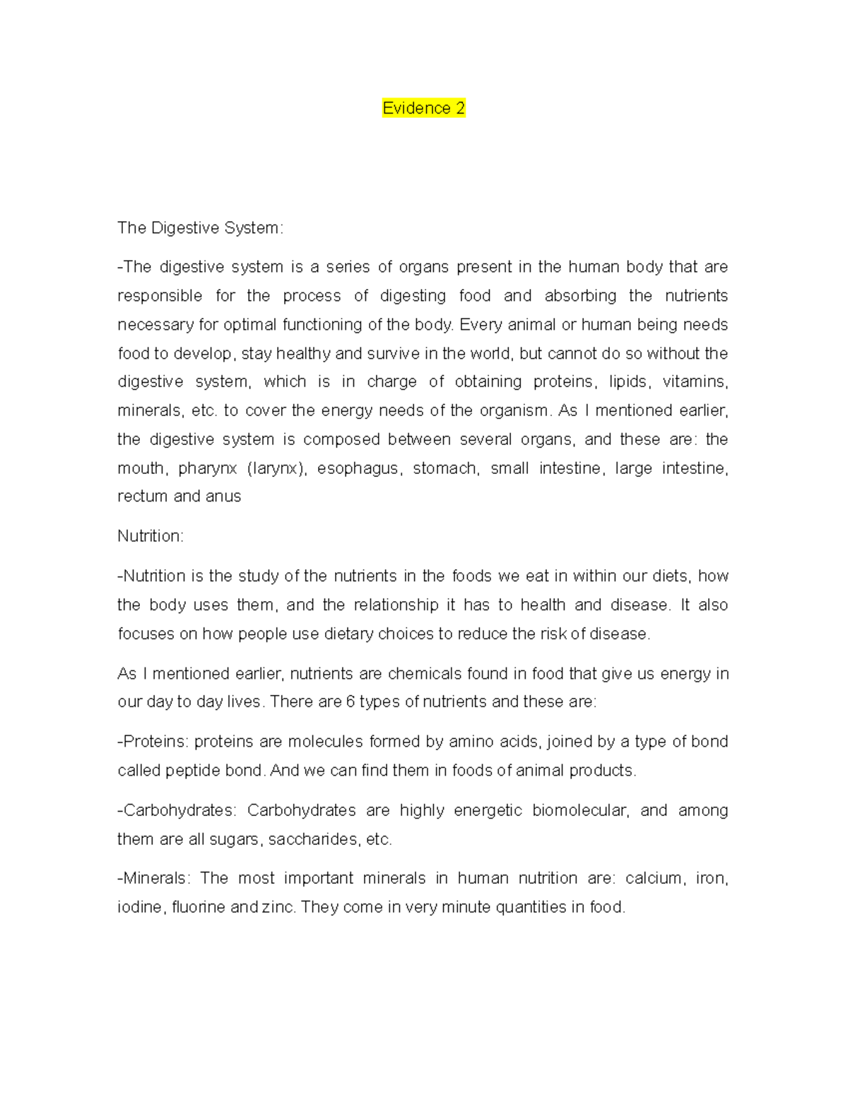 Evidence 2 human bodycare - Evidence 2 The Digestive System: -The ...