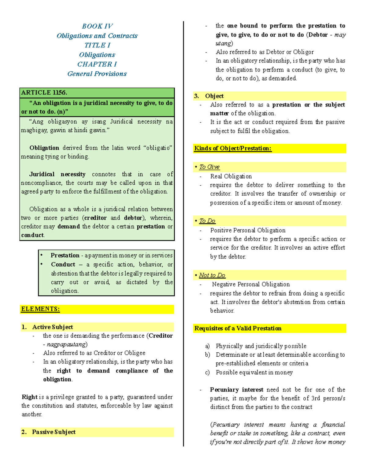Article 1156-1173 ( Ccotp) - BOOK IV Obligations and Contracts TITLE I ...