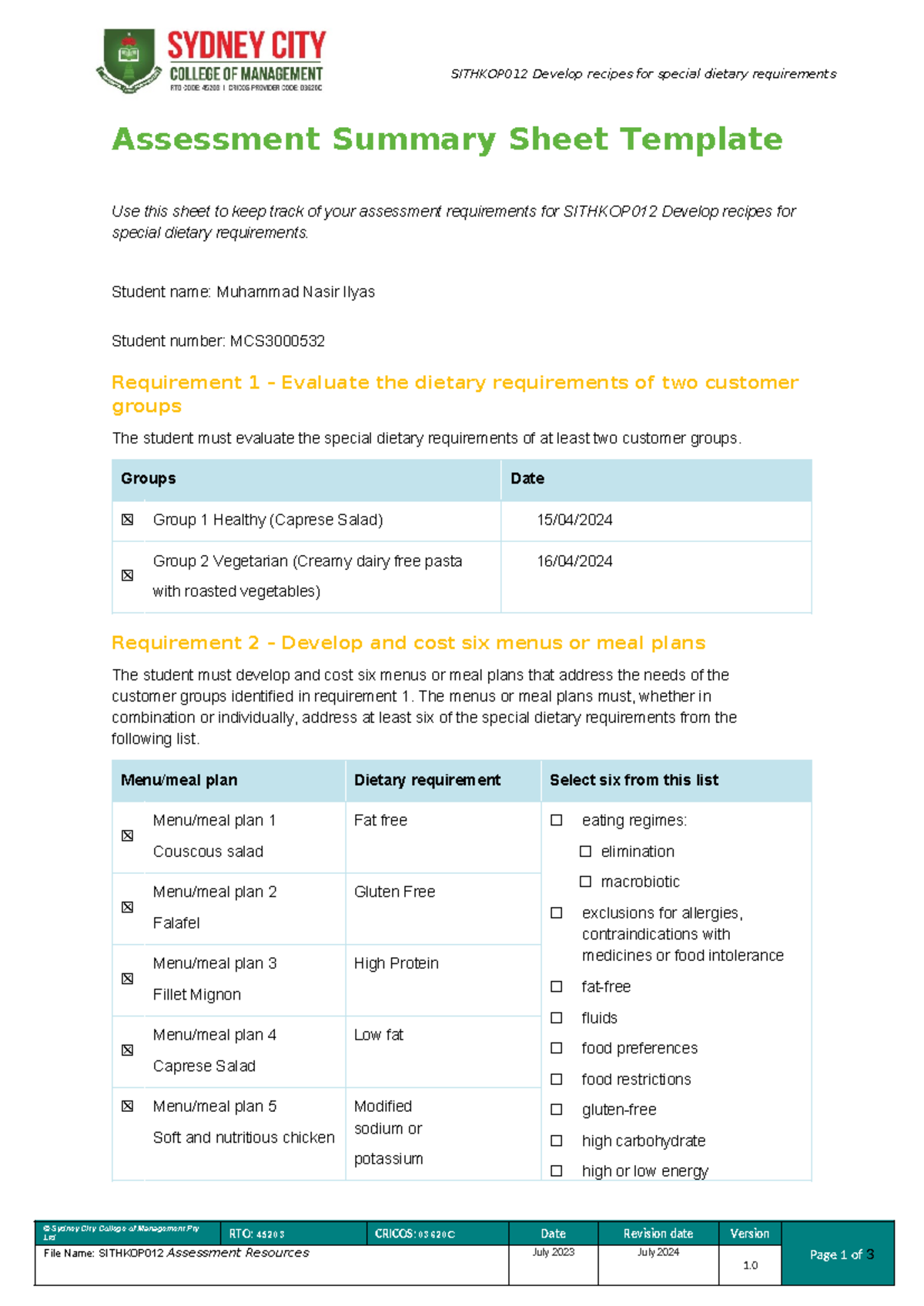 Sithkop 012 Assessment Summary Sheet Template s2 - SITHKOP012 Develop ...