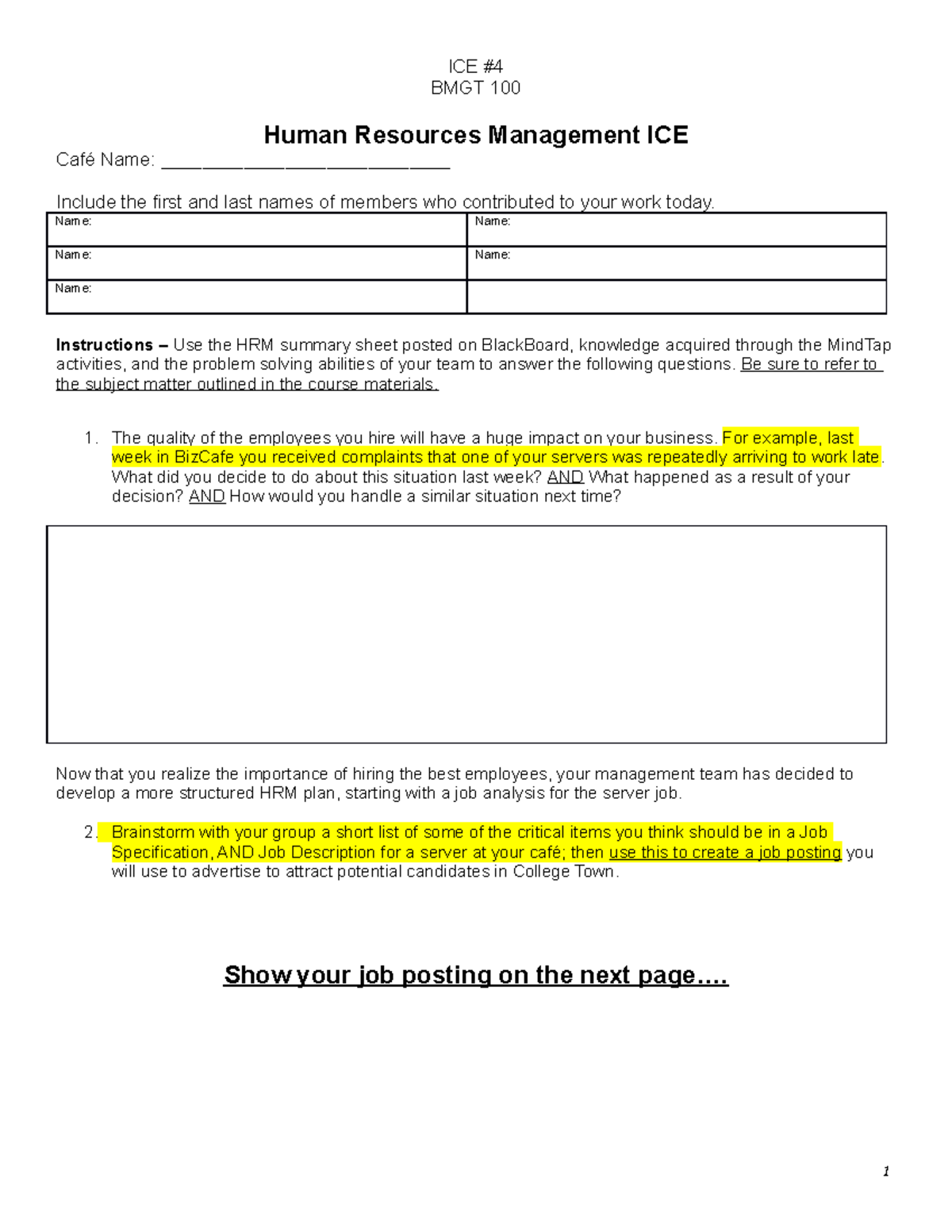 ICE 4- HRM for Biz Cafe - Ice - BMGT 100 Human Resources Management ICE ...