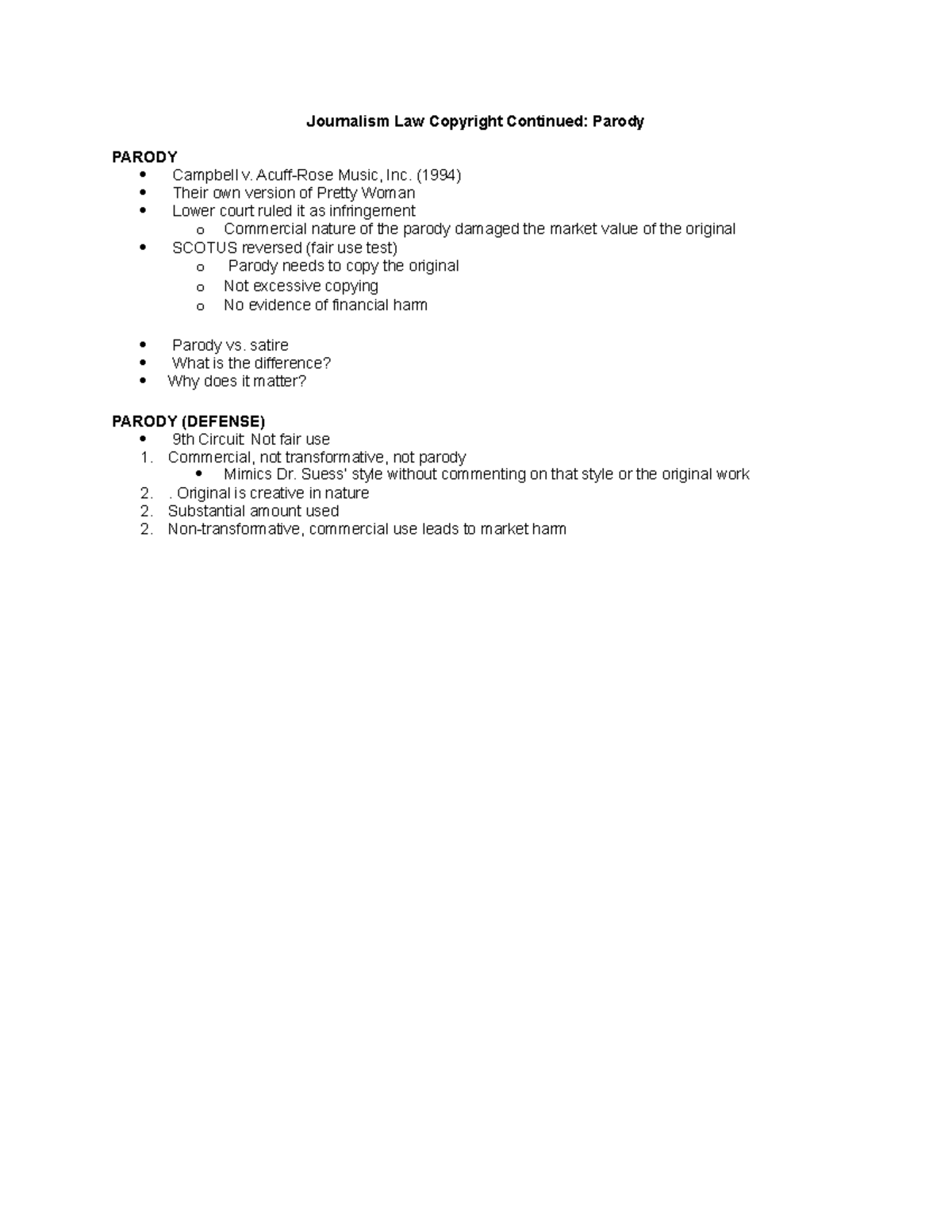 Parody+Copyright - Journalism Law MW F22 - Journalism Law Copyright ...