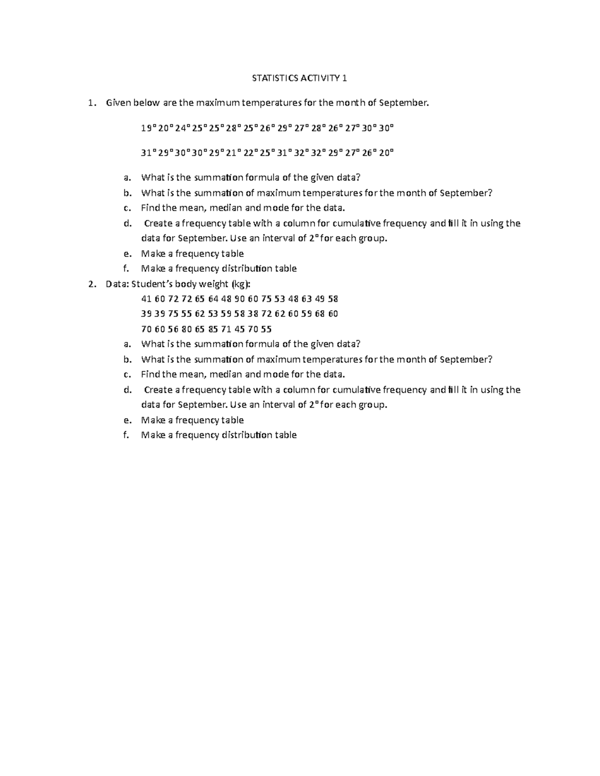 Module Lecture Notes 10 Statistics Activity 1 Given Below Are The Maximum Temperatures For