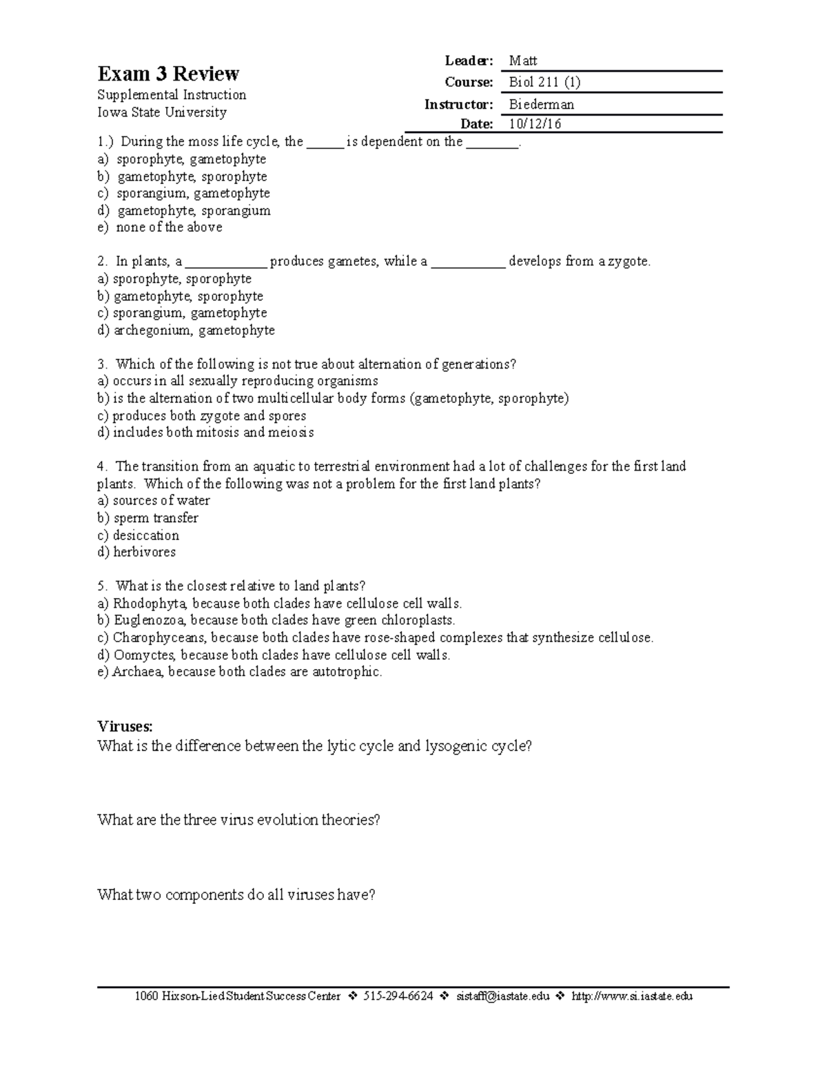 Exam 3 review - Leader: Matt Course: Biol 211 (1) Supplemental ...