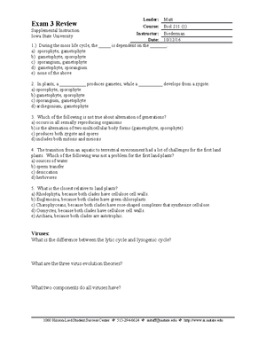 Exam 5 review - Worksheet: Exam 5 Review Supplemental Instruction Iowa ...