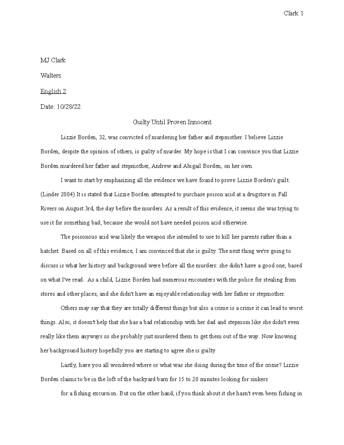 Lizzie Borden Argumentative Essay - Clark 1 MJ Clark Walters English 2 ...