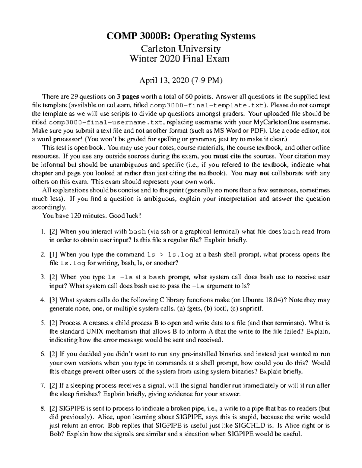 Final 2020 - COMP 3000B: Operating Systems Carleton University Winter 2020 Final Exam April 13 ...