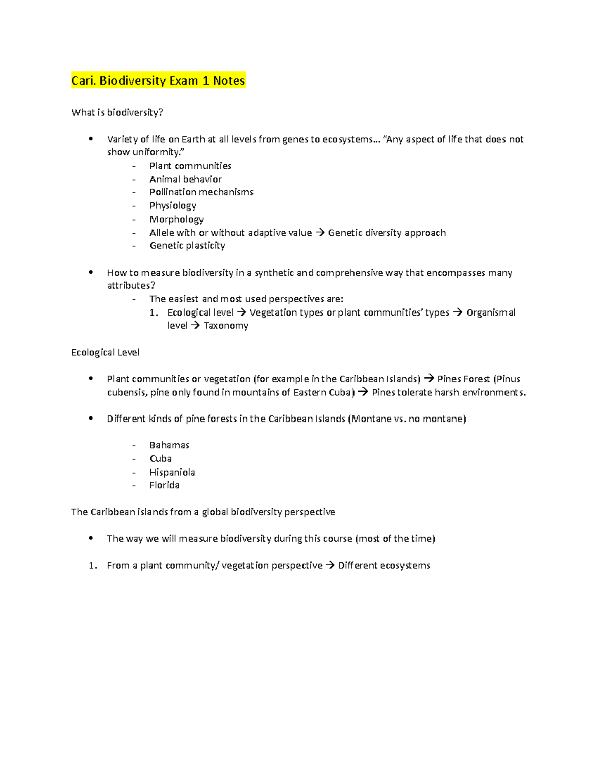 Cari bio exam 1 notes - Cari. Biodiversity Exam 1 Notes What is ...