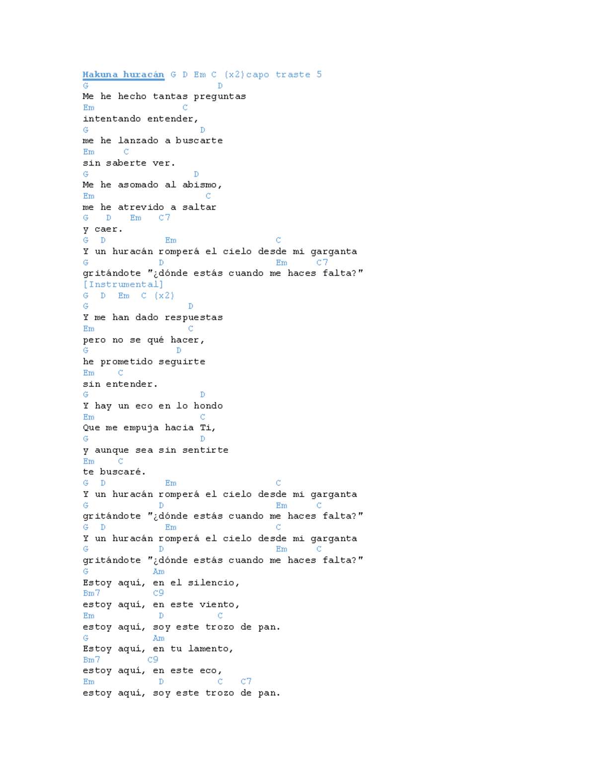 Cantos-adoracion - ASE - Hakuna huracán G D Em C (x2)capo traste 5 G D ...