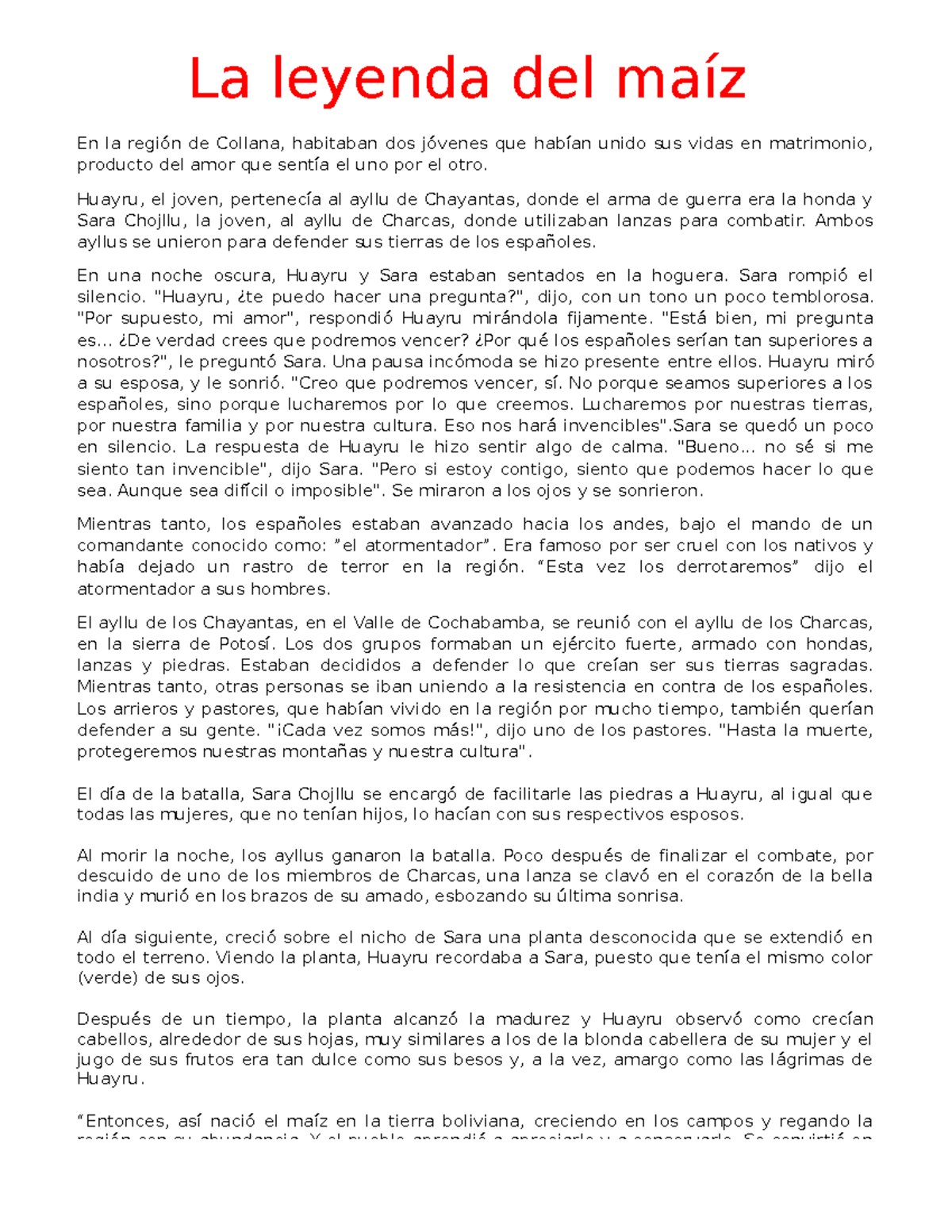 Leyenda del maiz - En la región de Collana, habitaban dos jóvenes que ...