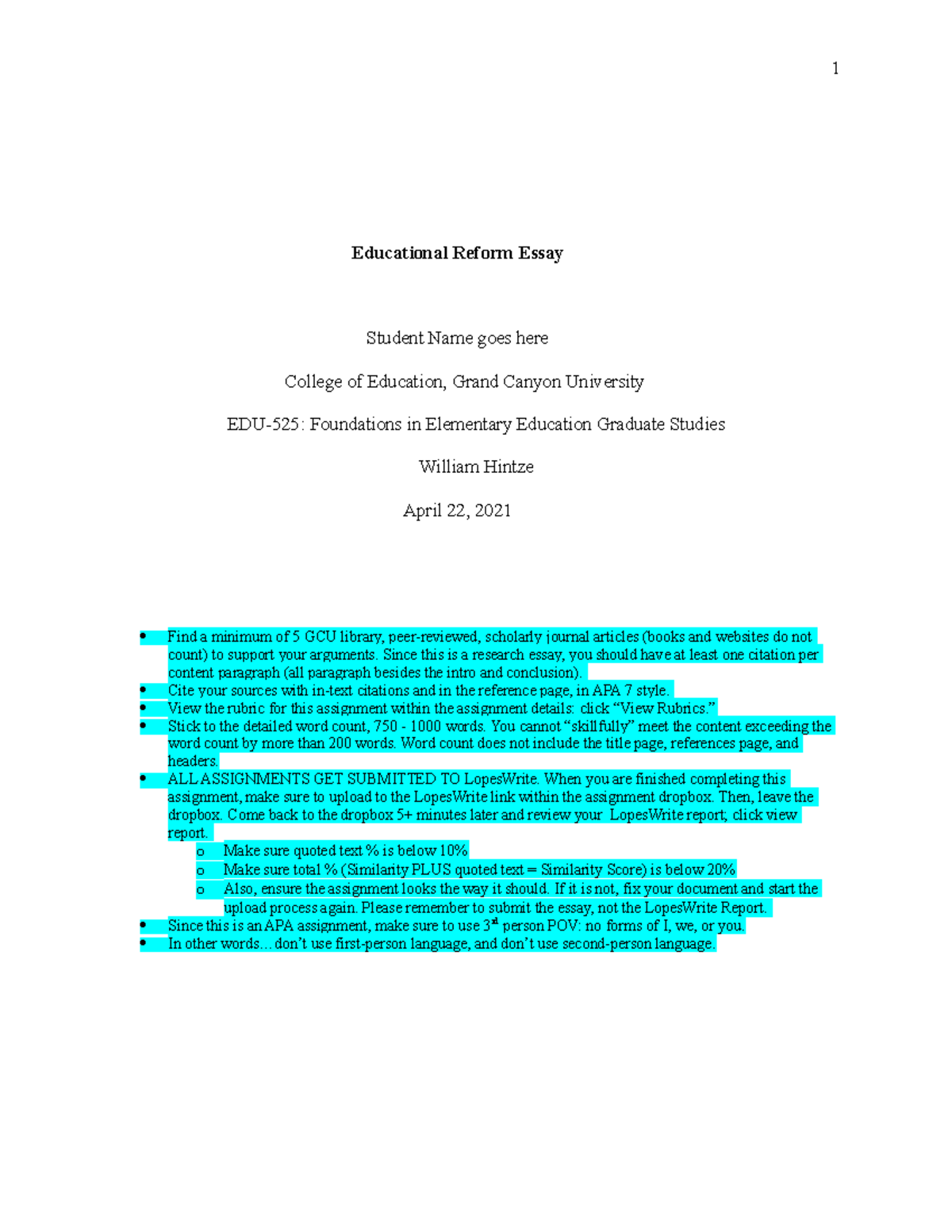 T3 Educational Reform Essay Template.APA 7 - Educational Reform Essay ...