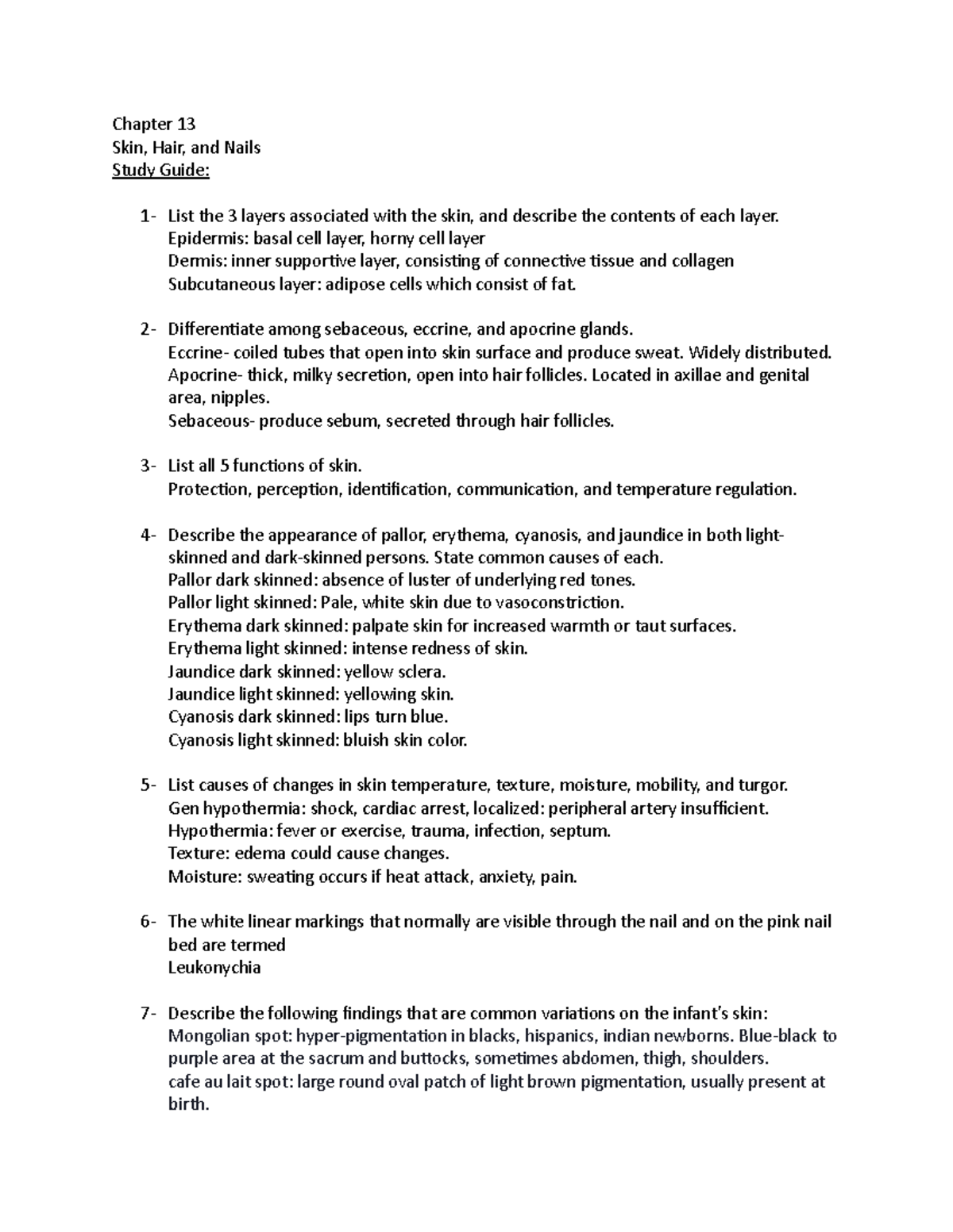 Chapter 13, 14 - homework - Chapter 13 Skin, Hair, and Nails Study ...