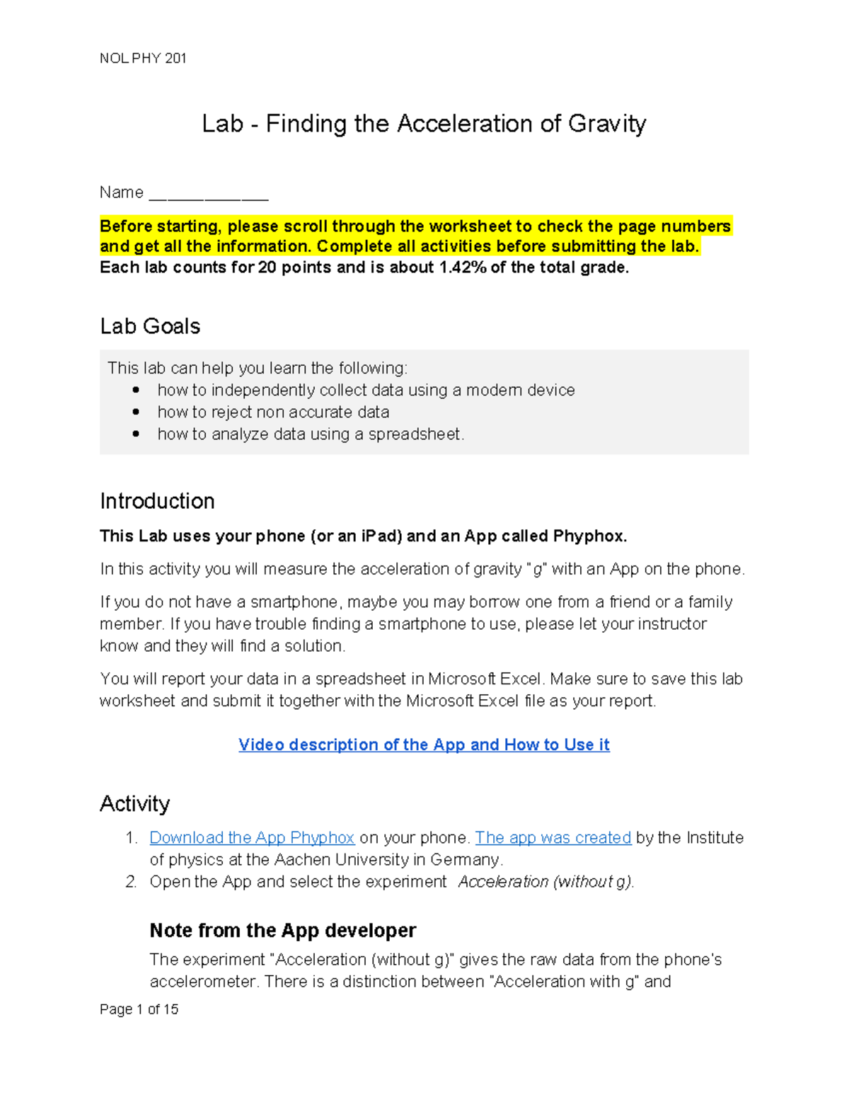 Module 1 Lab 1 Finding the acceleration of gravity - Lab - Finding the ...