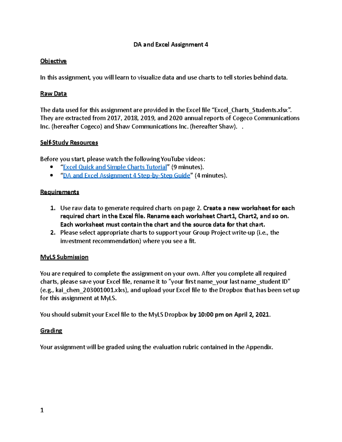DA and Excel Assignment 4 Instructions with Rubric - W2021 - DA and ...