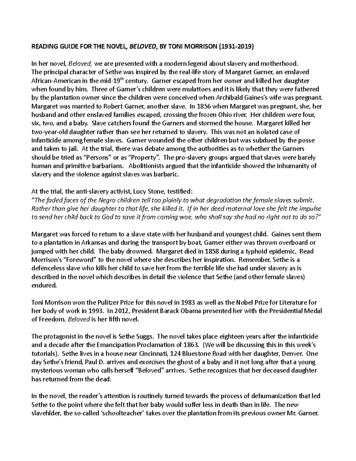 Reading Guide - Beloved - READING GUIDE FOR THE NOVEL, BELOVED, BY TONI ...