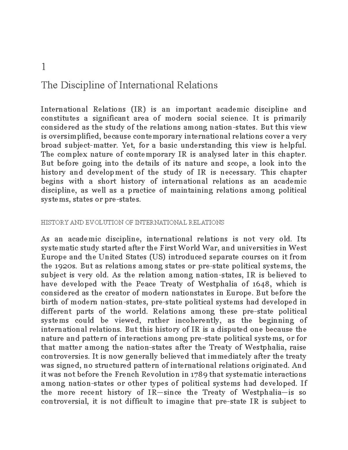1 - introduction to IR - 1 The Discipline of International Relations ...