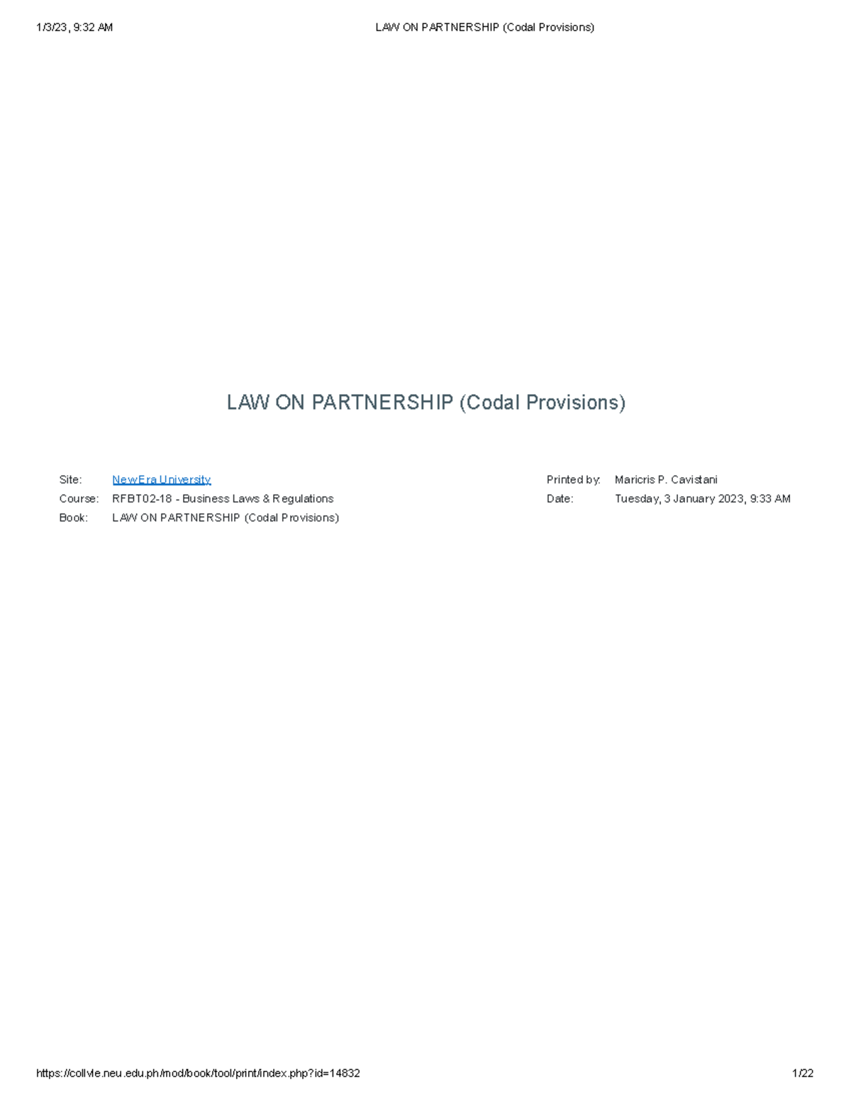 LAW ON Partnership (Codal Provisions) - LAW ON PARTNERSHIP (Codal Provisions) Site: New Era ...