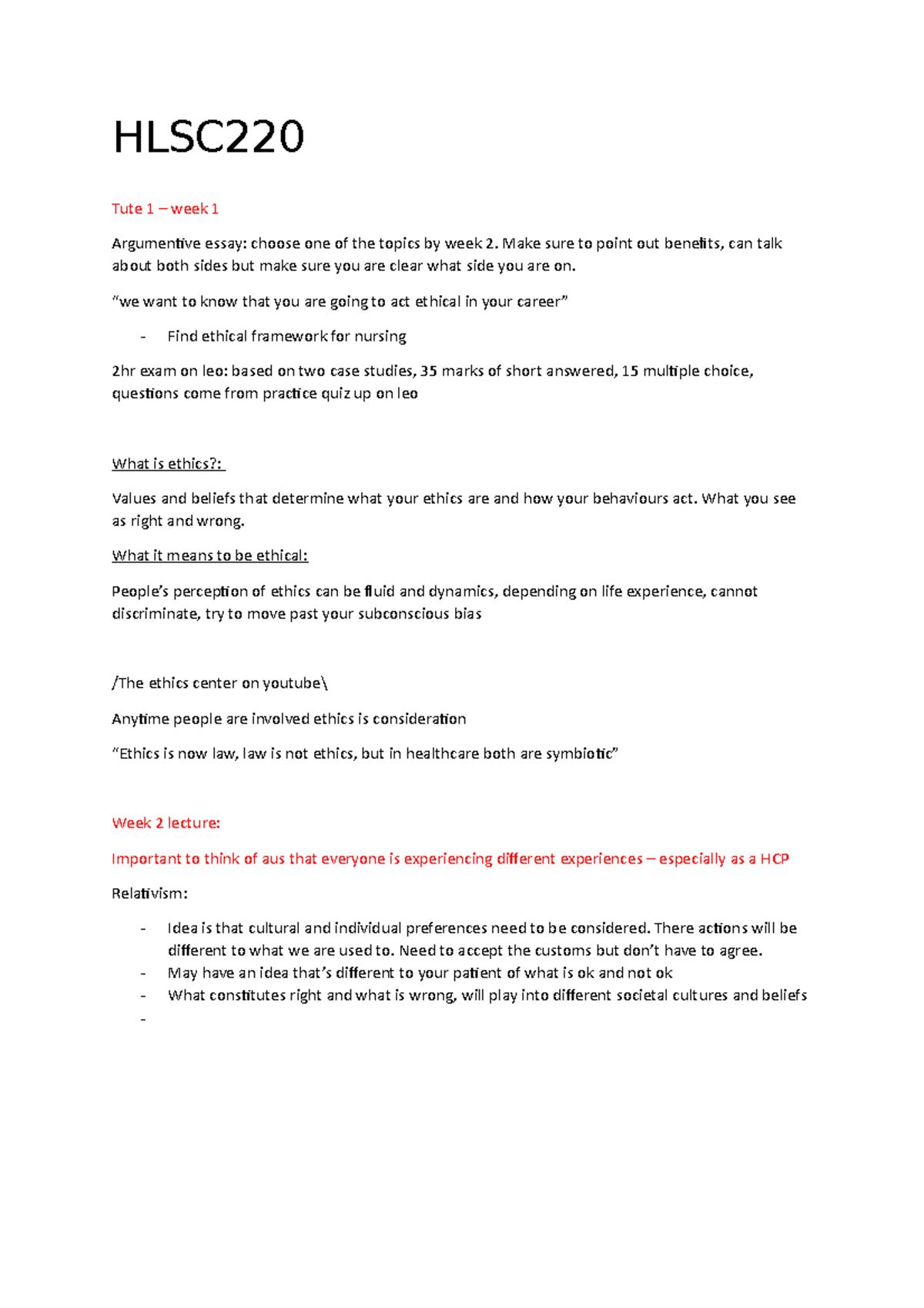 2nd sem HLSC220 lecture and tutorial notes - HLSC Tute 1 – week 1 ...