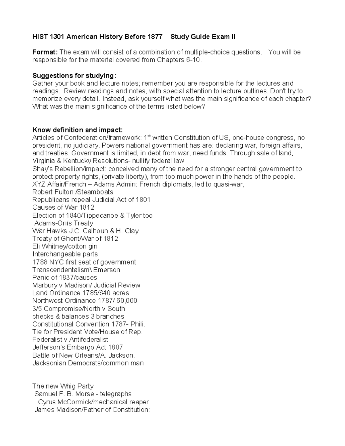 HIST 1301 Exam II review Chapters 6-10 DL - HIST 1301 American History ...