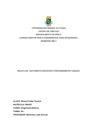 Relatório Lei de Hooke - Milena Freitas Teixeira.docx - UNIVERSIDADE ...