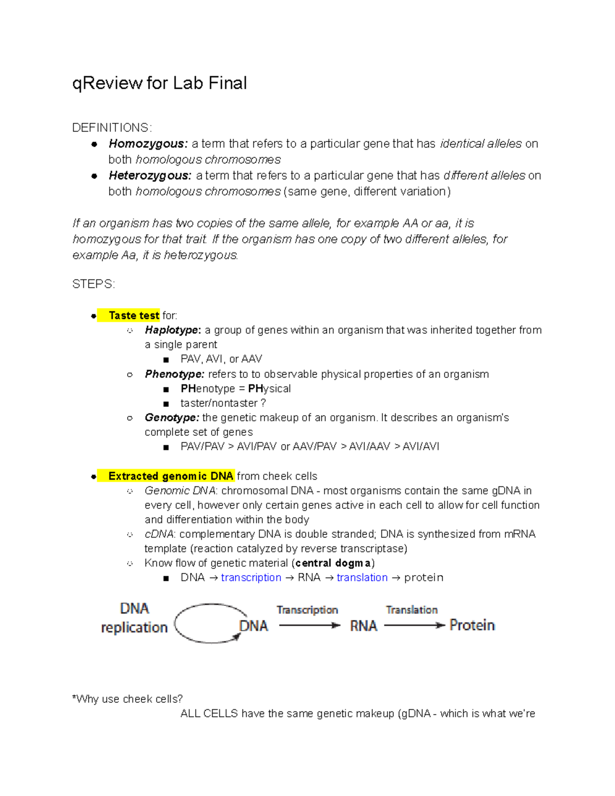 Review for Lab Final: Homozygous Heterozygous Genotype Phenotype PCR ...